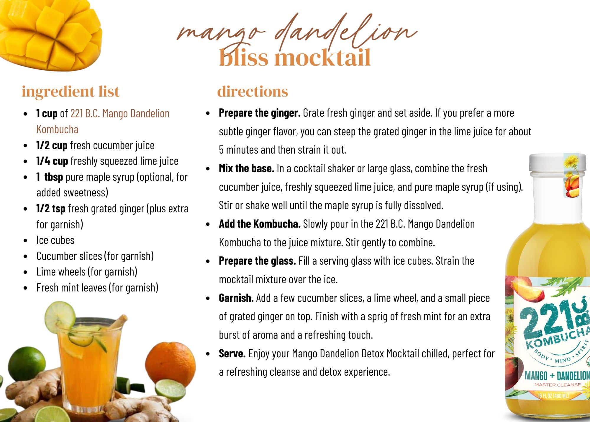 Delicious Detox Kombucha Mocktail Recipe - Mango Dandelion